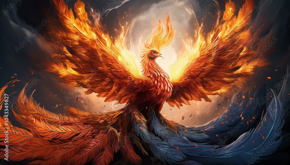 A fire phoenix rising out of the ashes; a mythical creature of the fire ...