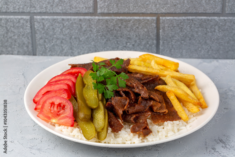 Meat doner menu, iskender menu on plate, turkish special meat doner ...