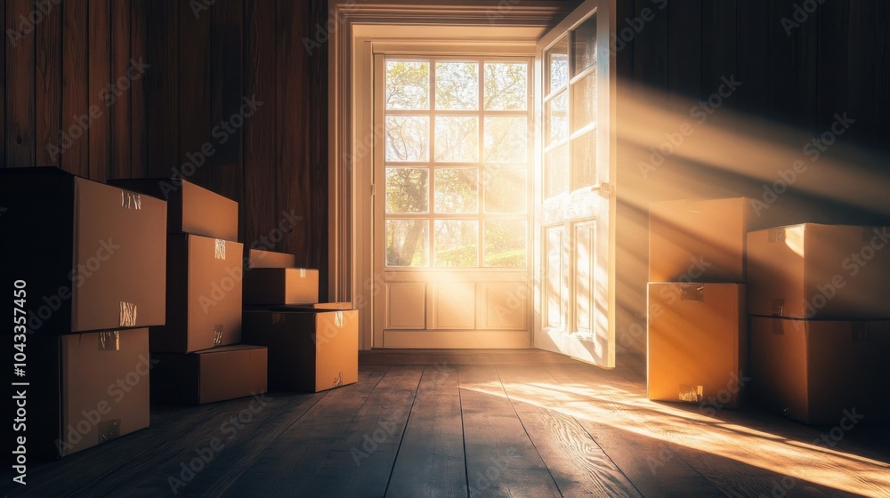 Neatly stacked moving boxes next to an open door, with sunlight ...