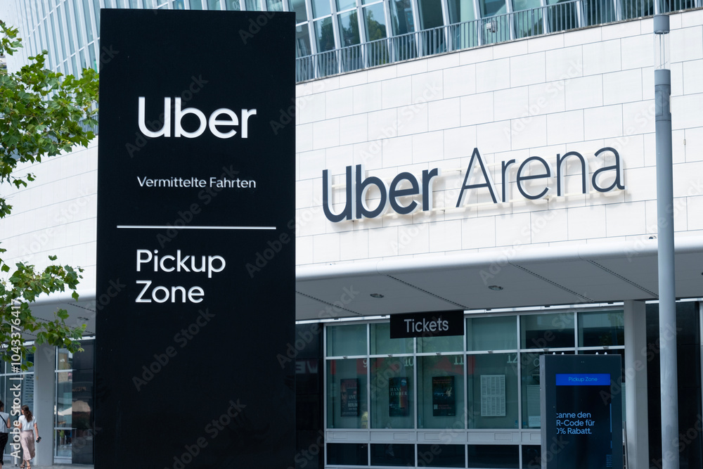 Uber Eats Music Hall Advertising logo on modern building facade, fusion ...