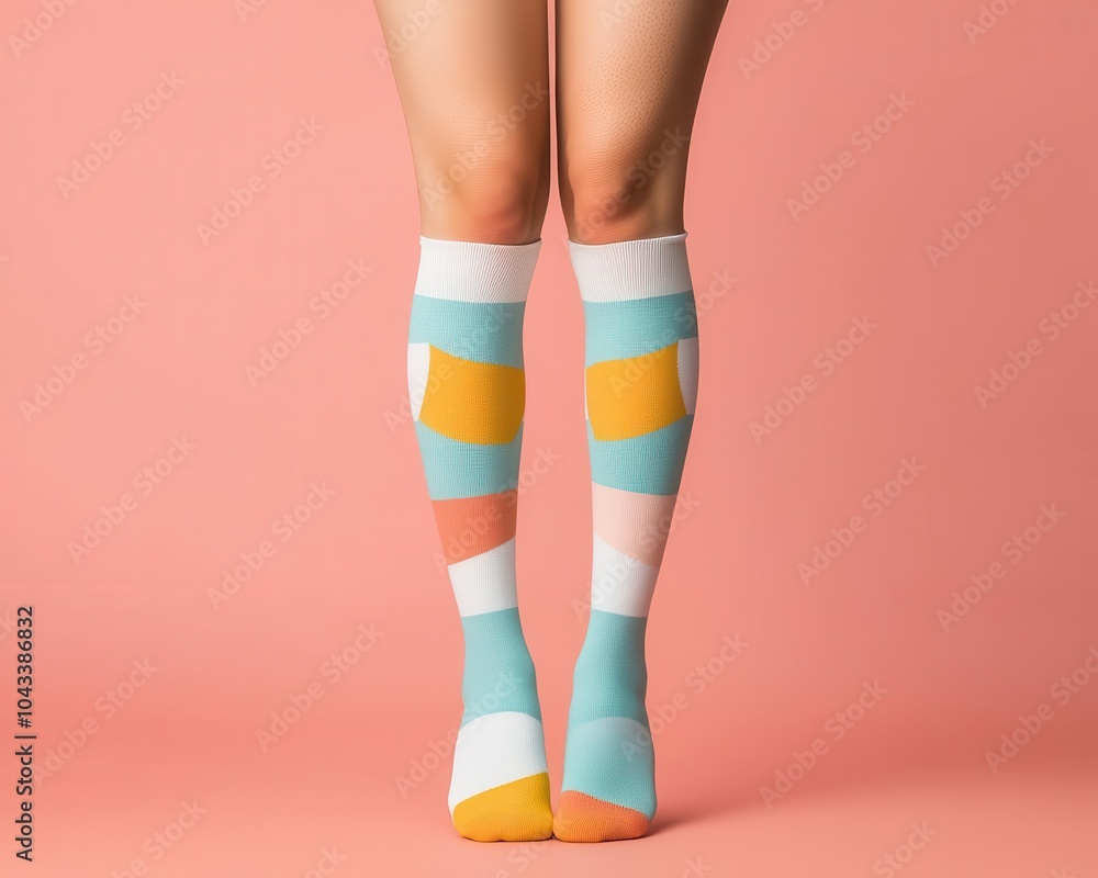 Colorful knee-high socks on legs against a pink background, showcasing ...