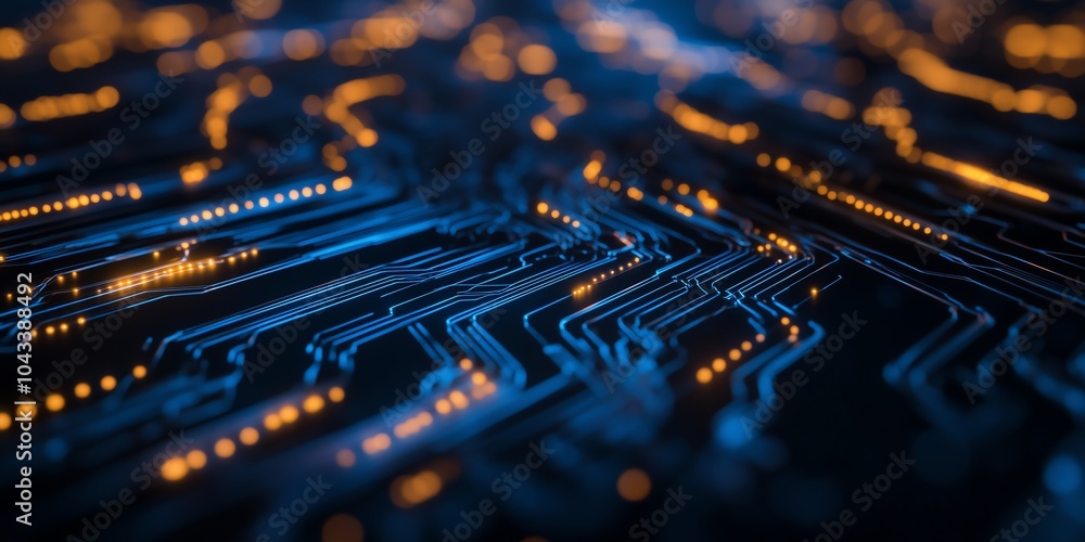 Minimalist dark tech background with glowing blue circuit traces forming simple pathways on a ...