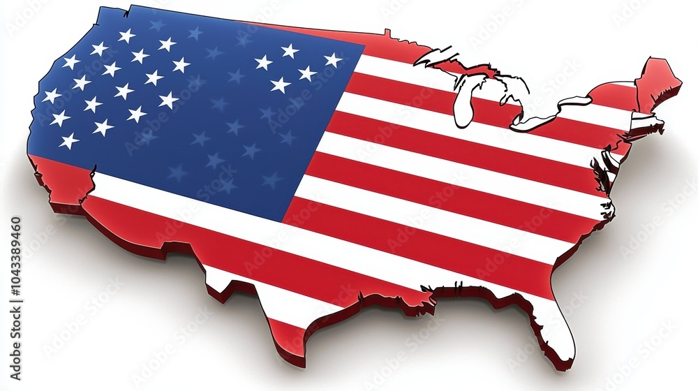 3D rendering of the USA map in flag colors, elevated from a white ...