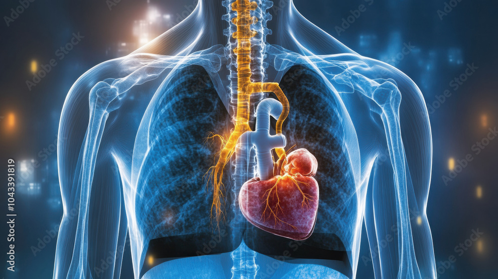 X ray of human chest, lungs, and heart in focus, showcasing anatomy ...