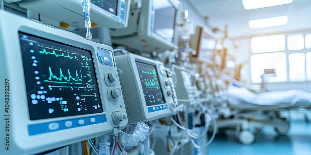 A close-up of a ventilator machine monitoring a patient’s vital signs ...