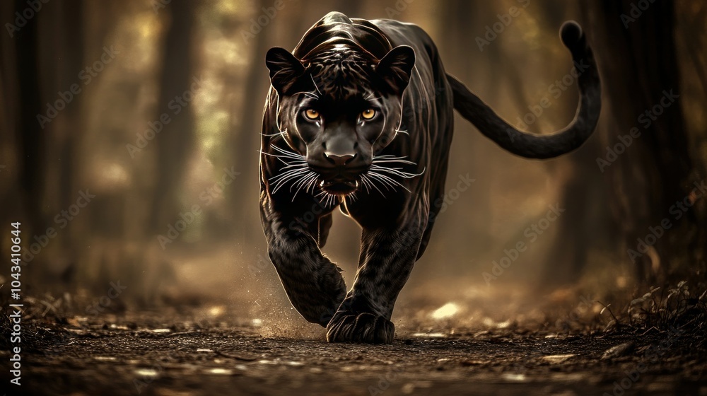 A powerful panther mid-stride, muscles tensed and focused, its sleek ...