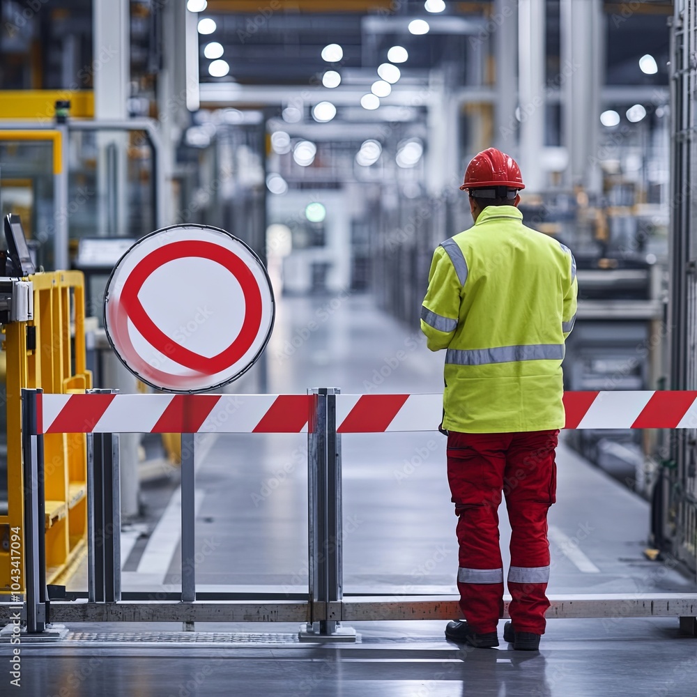 Male factory worker marking line symbol signal no entry area to ...