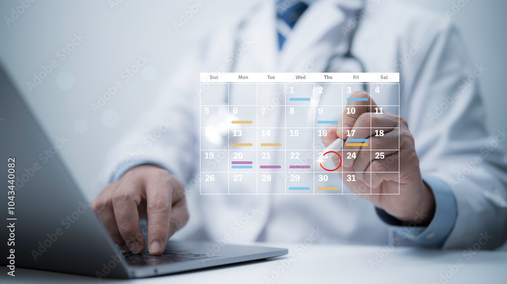 Medical worker with virtual digital calendar on laptop for plan ...