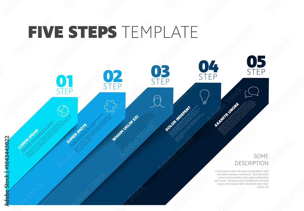 Blue diagonal five arrows steps infographic template with icons and ...