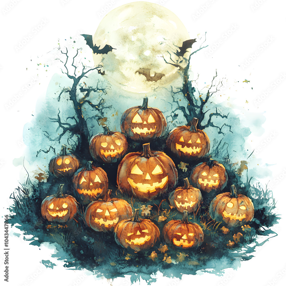 Halloween Night Clipart on white background realistic watercolor ...