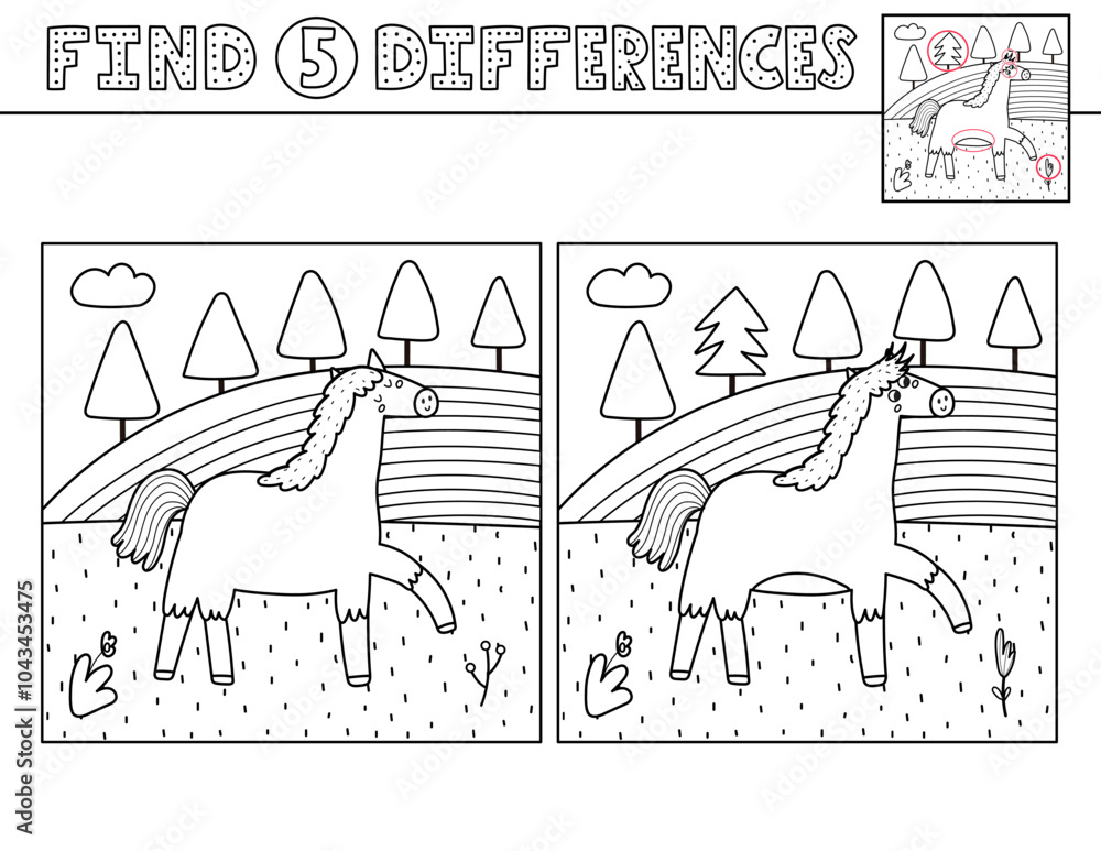 Find differences black and white activity page for kids with a cute ...