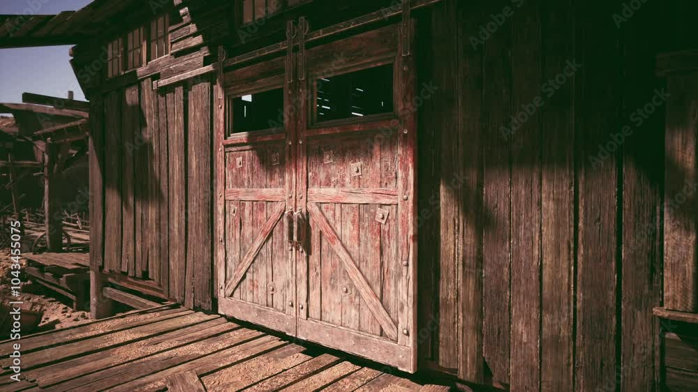 The rustic wooden doors of a vintage western style building stand ajar ...