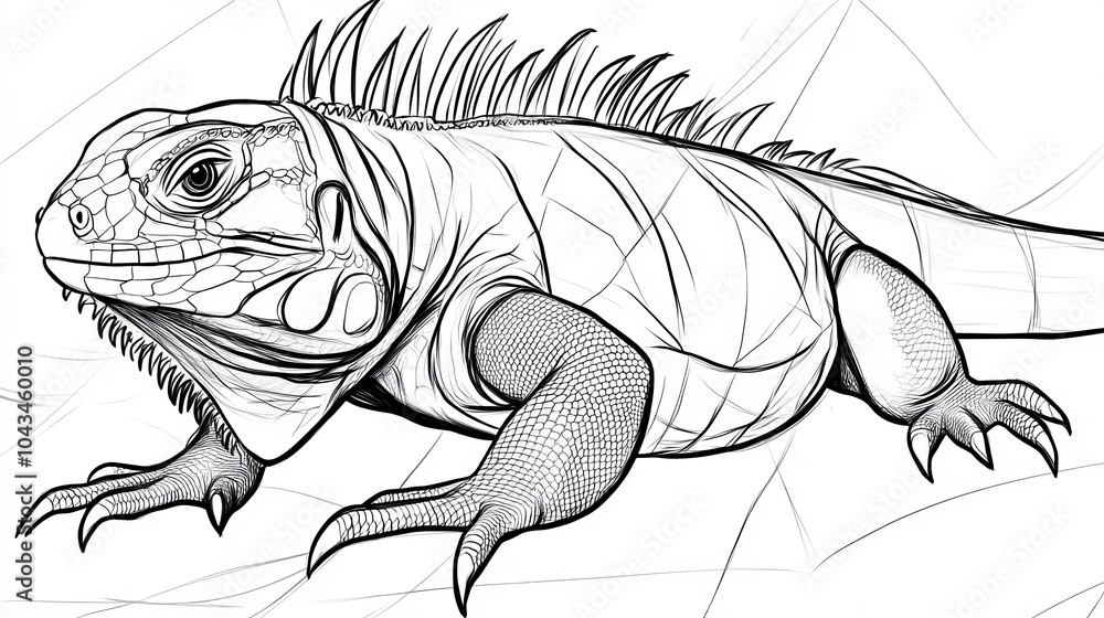 Detailed line art illustration of an iguana with spiky back, facing ...