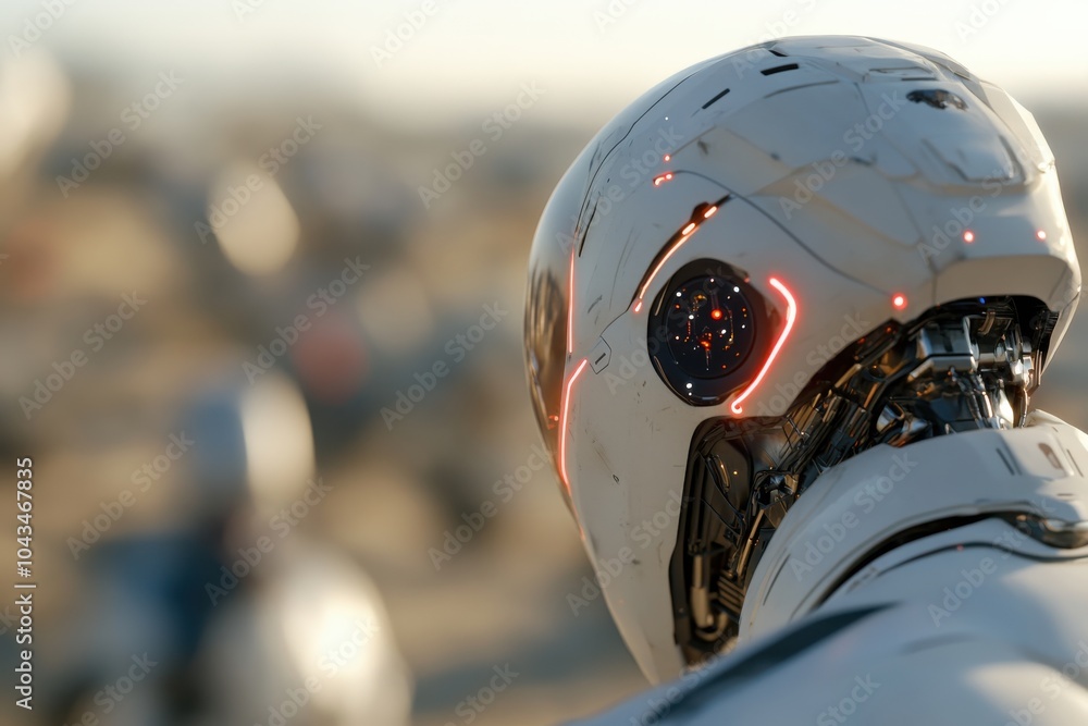 The back view of an advanced robotic entity in a highly technologized landscape, illustrating ...