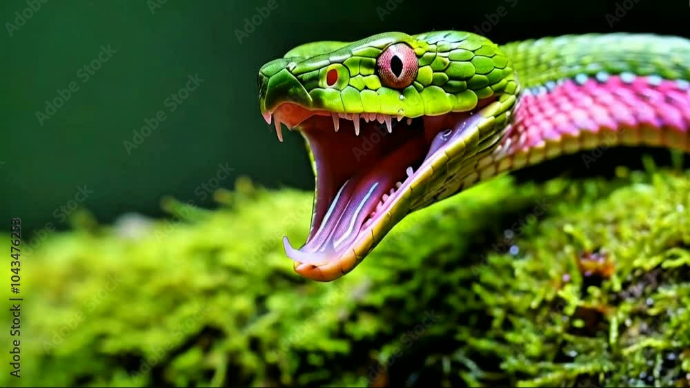 A Green vine snake in a attacking posture with its mouth wide open ...