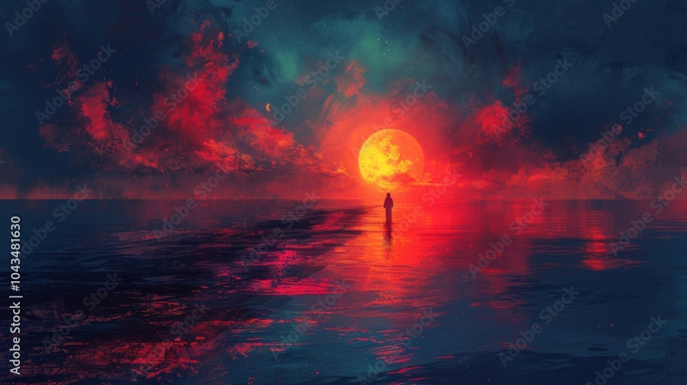 A sunrise over a calm sea with a faint silhouette of a persons dream ...