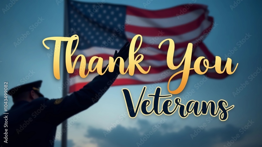 Hands saluting the flag, The text THANK YOU, VETERANS is written in ...