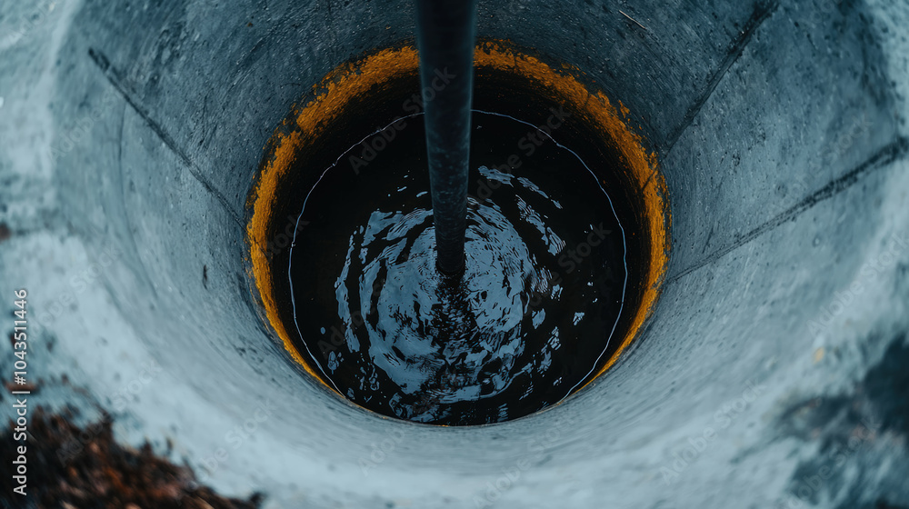 top view of well filled with water, showcasing concrete structure and ...