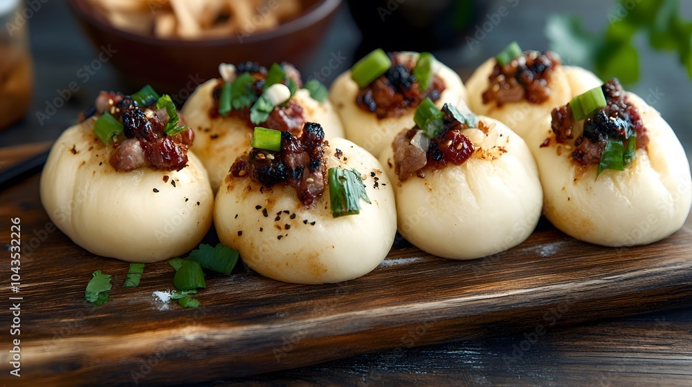 A platter of Chinese BBQ pork bao buns, arranged on a dark wooden board ...