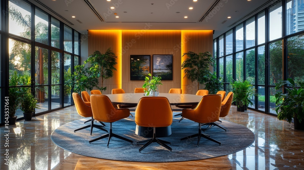 Open-space meeting room with movable partition walls circular table and ...