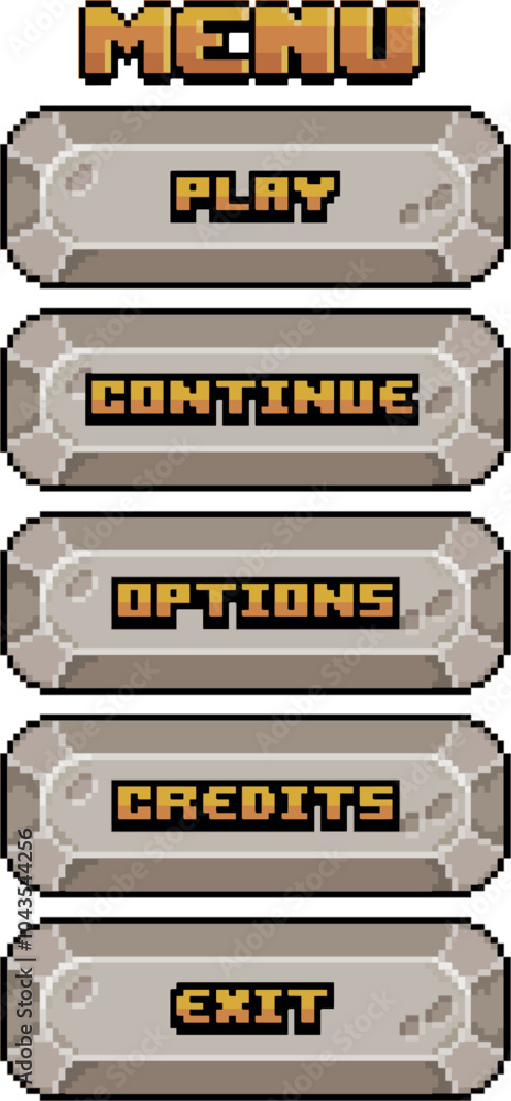 Game menu in pixel art and 8-bit style made up of stone buttons with ...