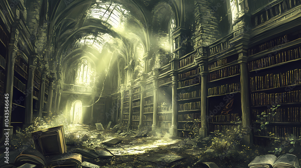 A forgotten library filled with towering bookshelves and swirling dust ...