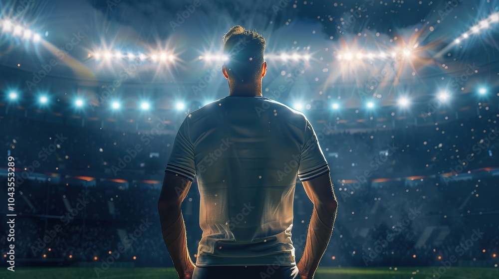 back of Footballer with spotlight at him in big football stadium ...