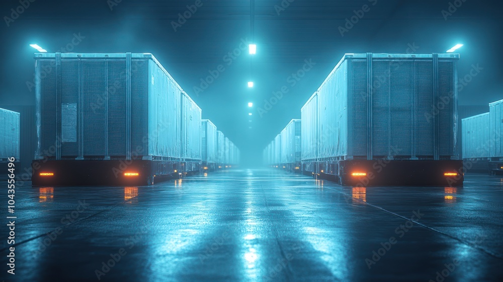 Row of semi-trailer trucks in a warehouse lit by neon blue lights ...