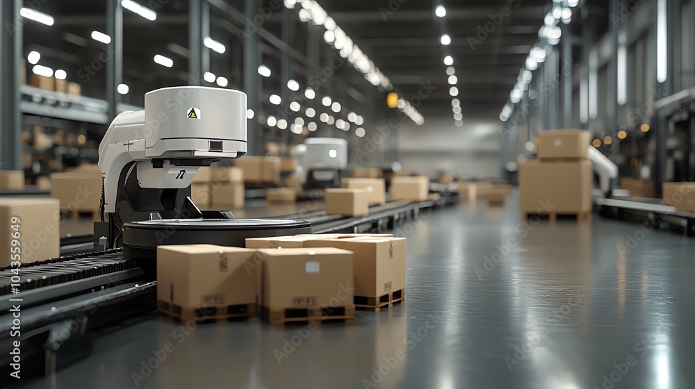 Automated warehouse with conveyor sorting packages, futuristic ...