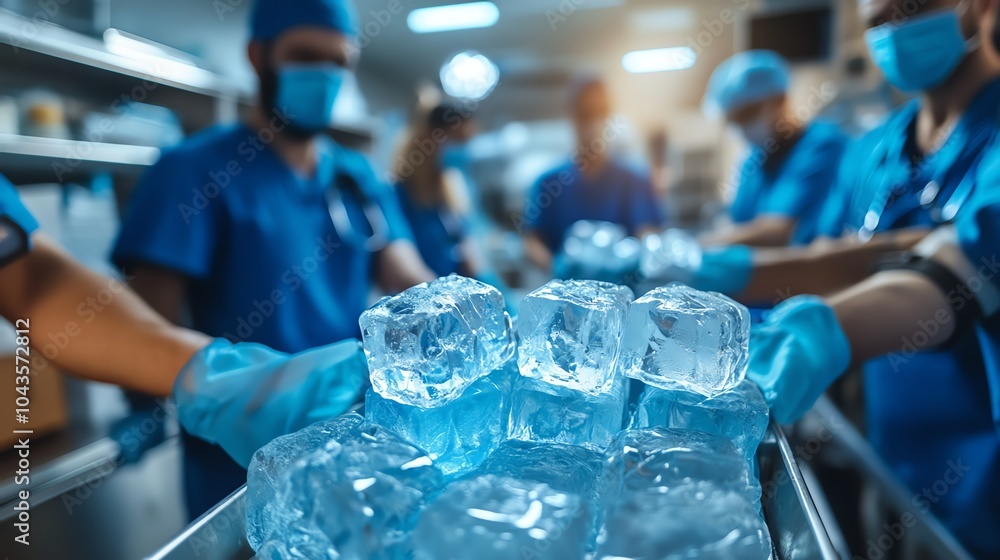Medical team applying ice packs to a heat stroke victim, hospital ...
