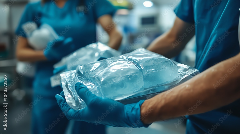Medical team applying ice packs to a heat stroke victim, hospital ...