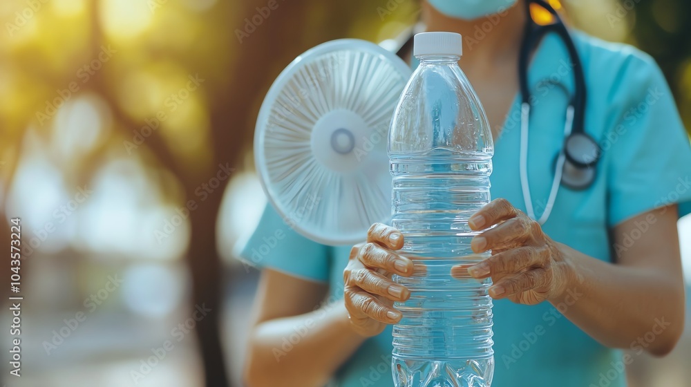 Healthcare worker holding a water bottle and fan, educating about heat ...