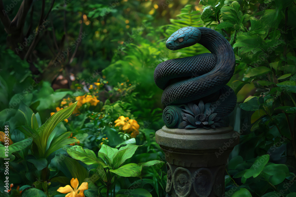 Green wooden snake sculpture is rising from a garden plinth, surrounded ...