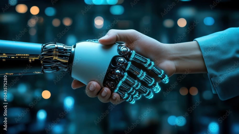 Person shaking hands, photo of a handshake between a human and a robot ...