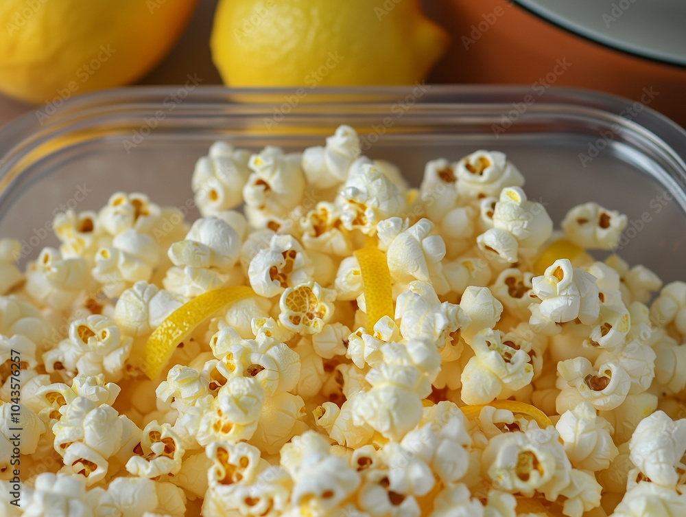 Zesty lemon popcorn glistens in vibrant light, each kernel coated in ...