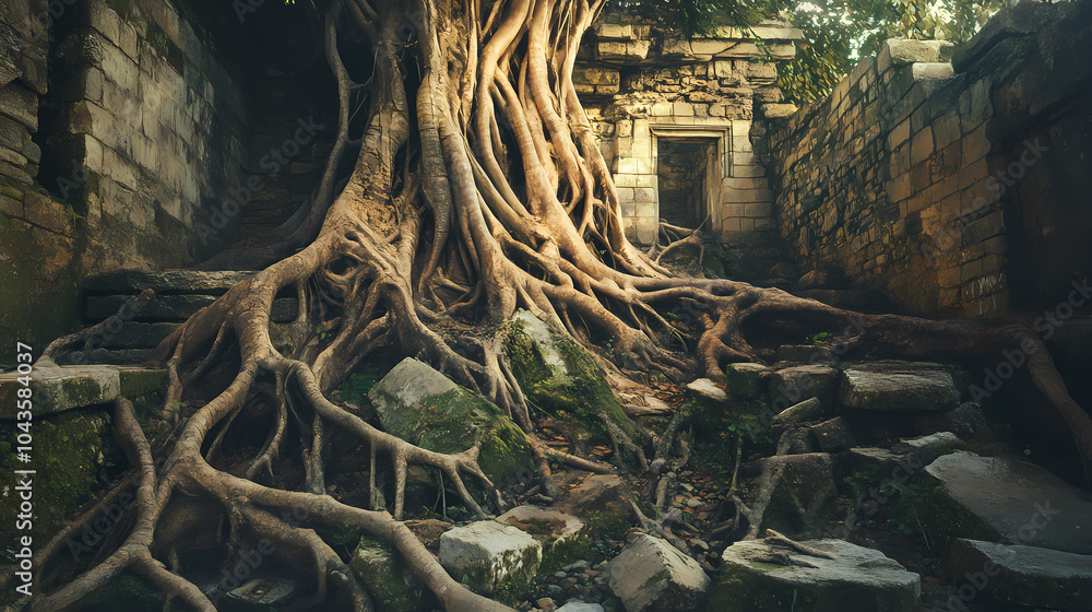 Ancient tree roots overtaking abandoned ruins,blending nature and ...