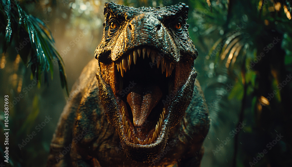 Roaring dinosaur in forest of Jurassic era, face of prehistoric animal ...