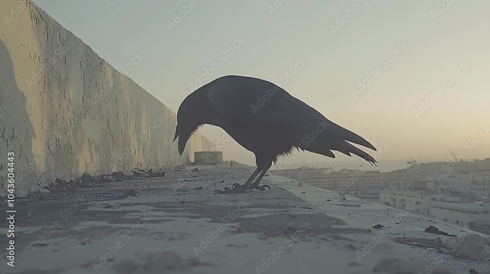 Nightfall Sentinel: A raven on a rooftop, silhouetted against the last ...