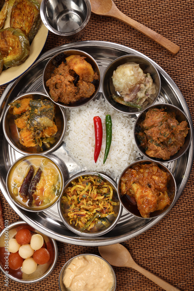 Bengali style thali spread verity cuisine hilsa fish vegetable beef ...