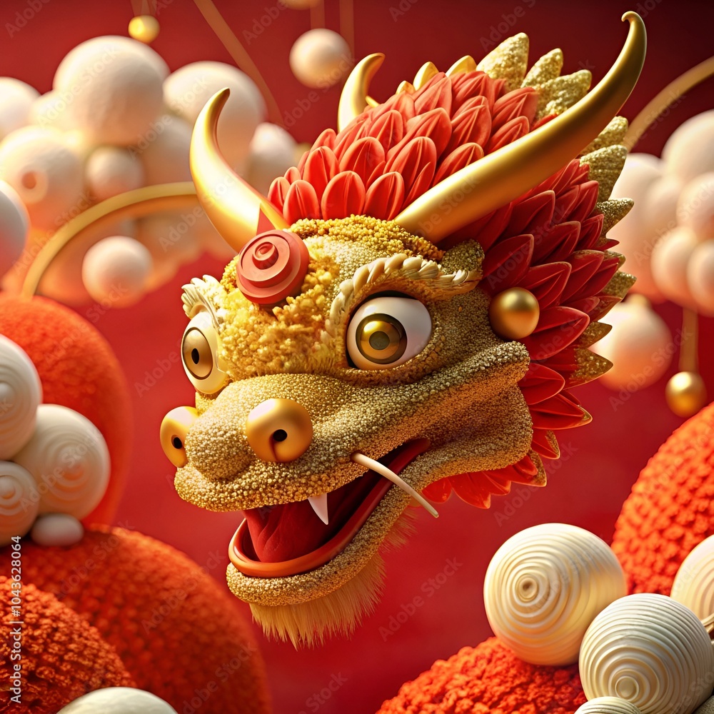 A golden dragon head elegantly encircled by white spheres, showcasing a ...