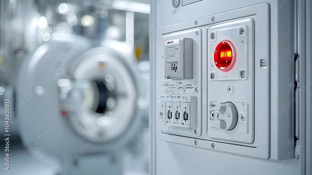 Detailed view of a key controlled power panel featuring a red emergency ...