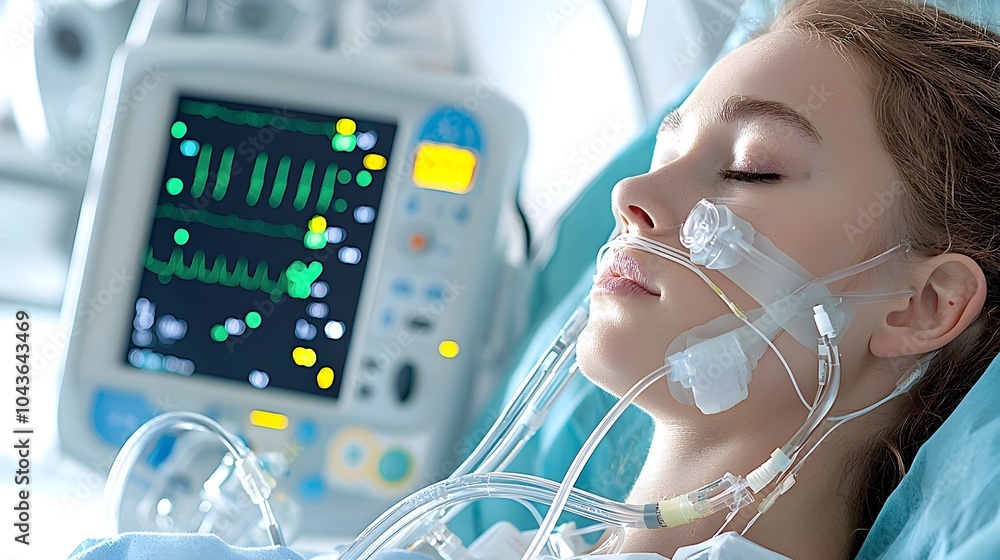 Ventilator tubing connected to a patient monitoring device displaying ...