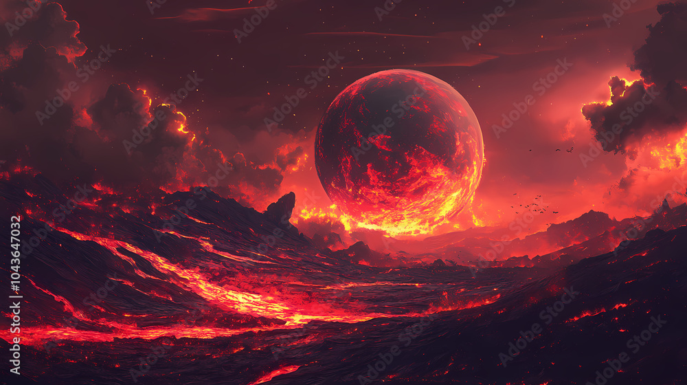 Planets surface covered in lava with large fiery sky. concept fiery ...