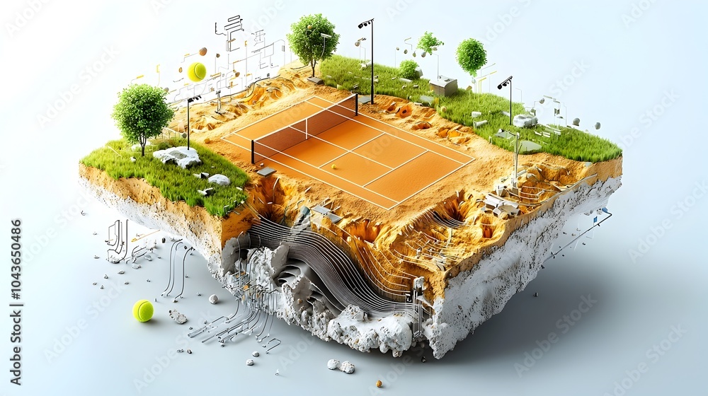 Detailed 3D cross section of a tennis court highlighting the various ...