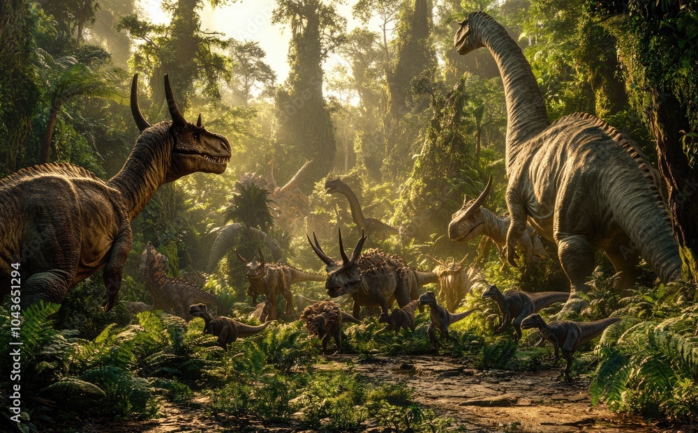A group of large dinosaurs in the jungle, including many different ...