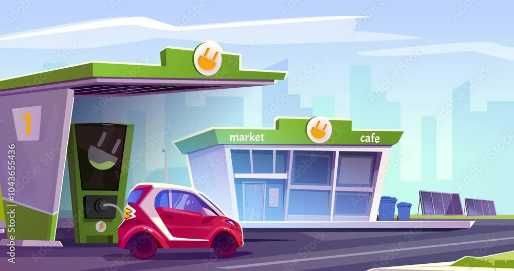 Electric charging station. Moving banner with electric car approaching ...