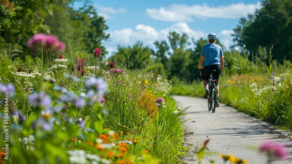 Cyclist on a bike path with tall grasses and wildflowers Stock Photo ...