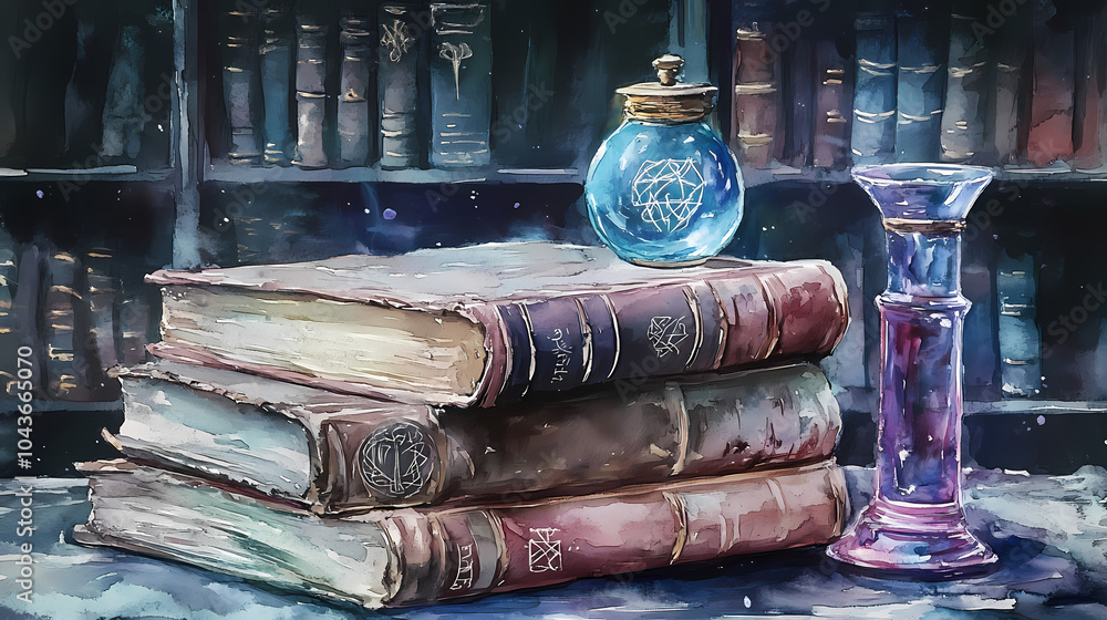 Worn leatherbound book, arcane symbols, ancient library, watercolor ...