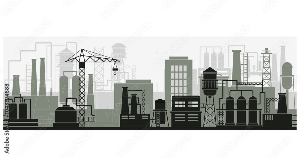 Industrial factory silhouette. Moving banner with black and white ...