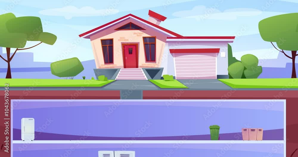 Underground innovative bunker. Moving banner with secret room under ...